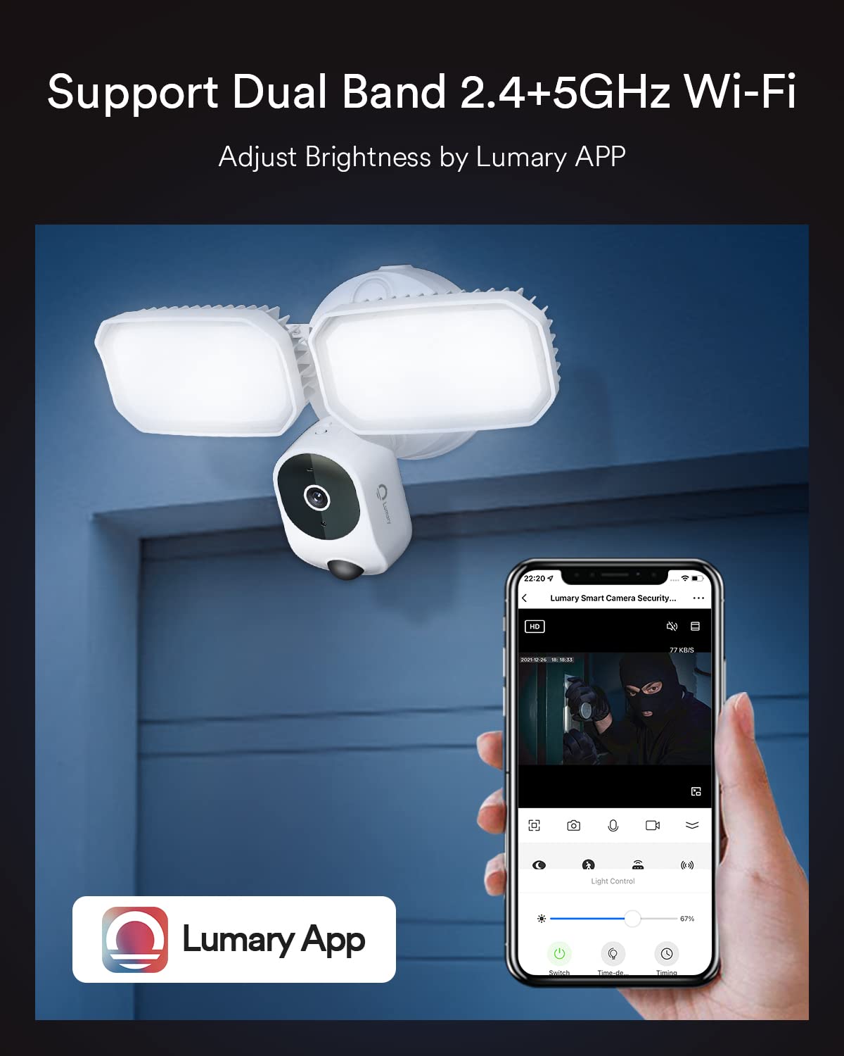 2K Floodlight Camera, Dual Band 2.4/5 GHz Hardwired Home Security Smart Wireless Camera with 3000 Lumens Flood Light Motion Tracking Built-in Siren Alarm Night Vision IP65 Waterproof