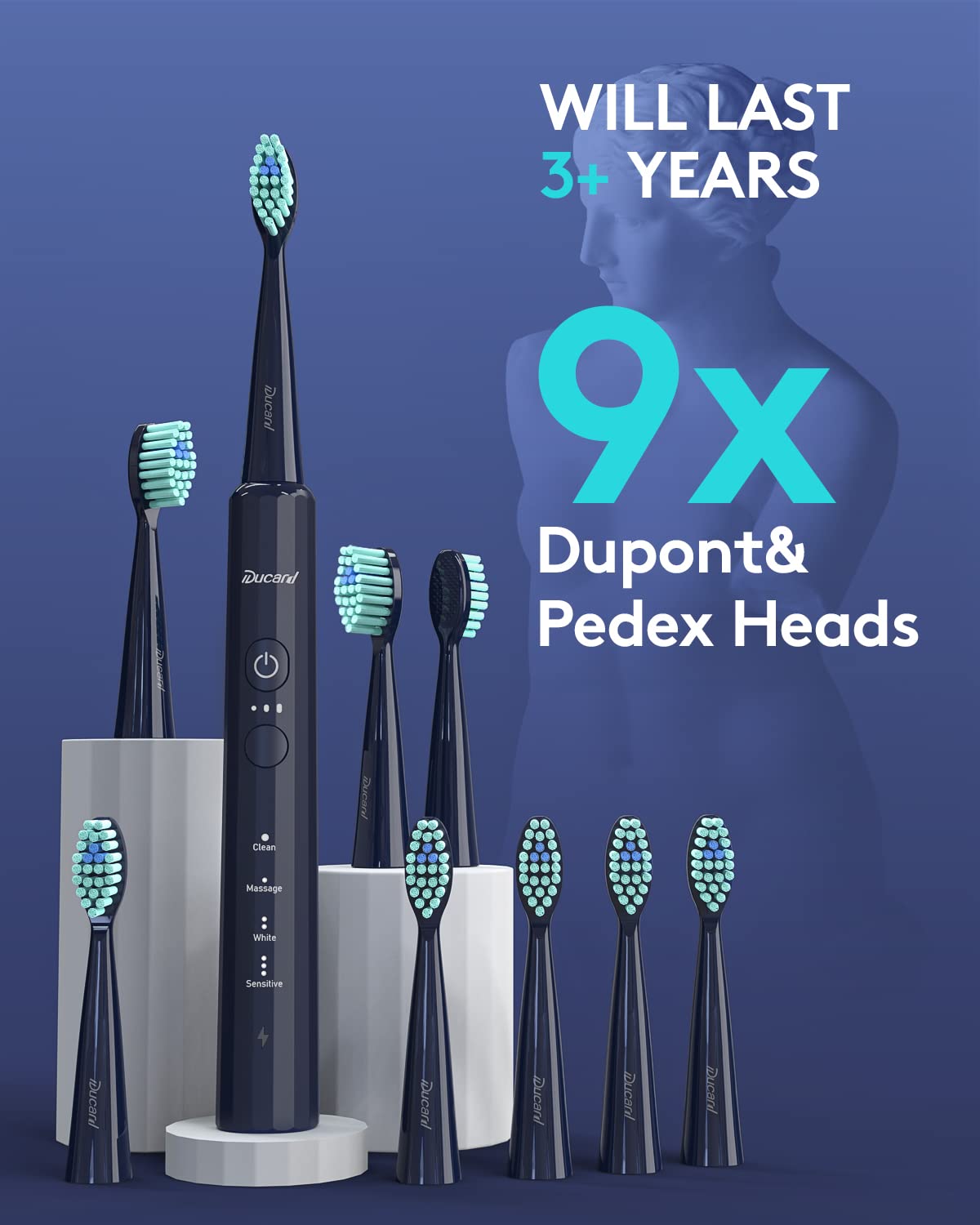 Ducard V7 Pro Electric Toothbrush for Adults- Rechargeable Toothbrush 12 Modes & 9 Brush Heads - 3 Hr Charge Last 60 Days Ultra Sonic Toothbrush for Adults (Navy Blue), (DY-152)