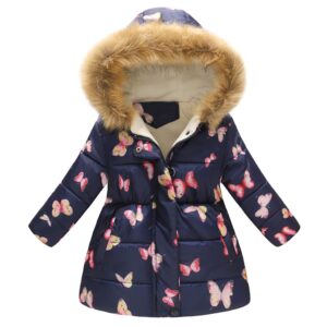 kids toddler baby girls boys fall light puffer floral print faux fur hoodie zip up fleece jacket thick down winter warm coats windproof peacoat overcoat outwear windbreaker blue-butterfly 3-4 years