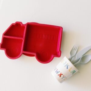 Our Little Cubs Firetruck Toddler Silicone Suction Plates - 3 Divided Sections, Microwave & Dishwasher Safe