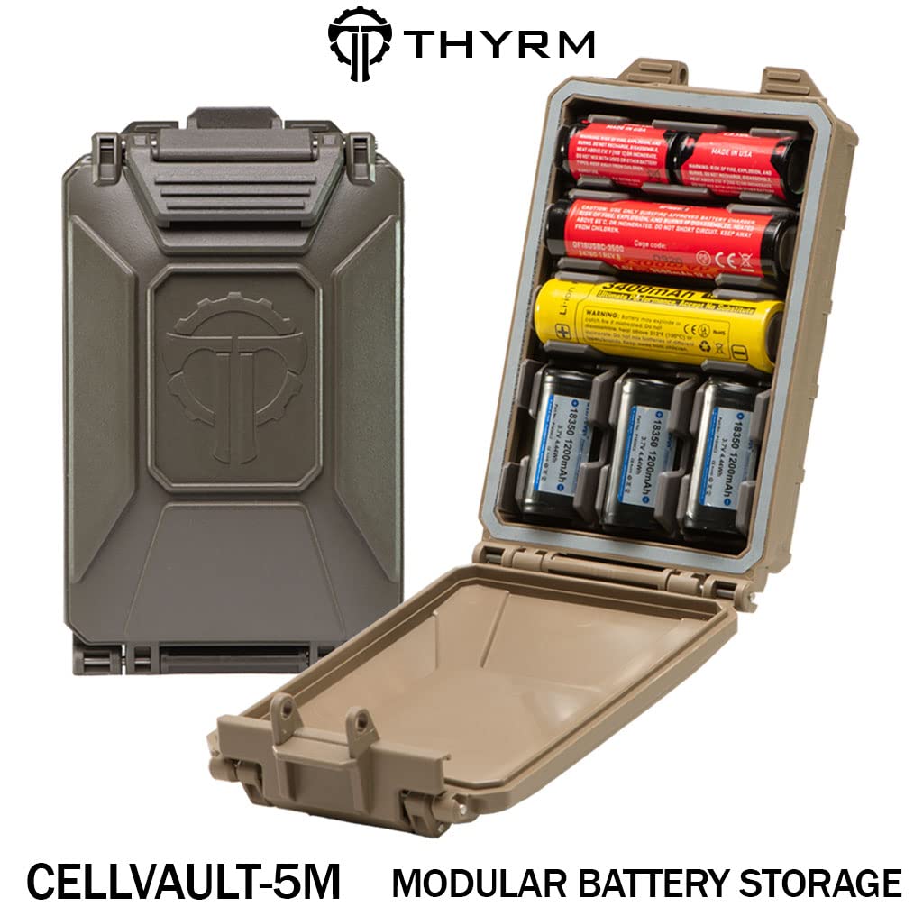 Thyrm CellVault-5M Modular Battery Storage for CR123, 18650, 18350, CR2032 Batteries with movable inserts (Olive Drab), Made in USA