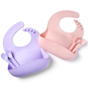 cibeat set of 2 silicone baby bibs for babies & toddlers, soft bibs with food catcher pocket and spoon fork