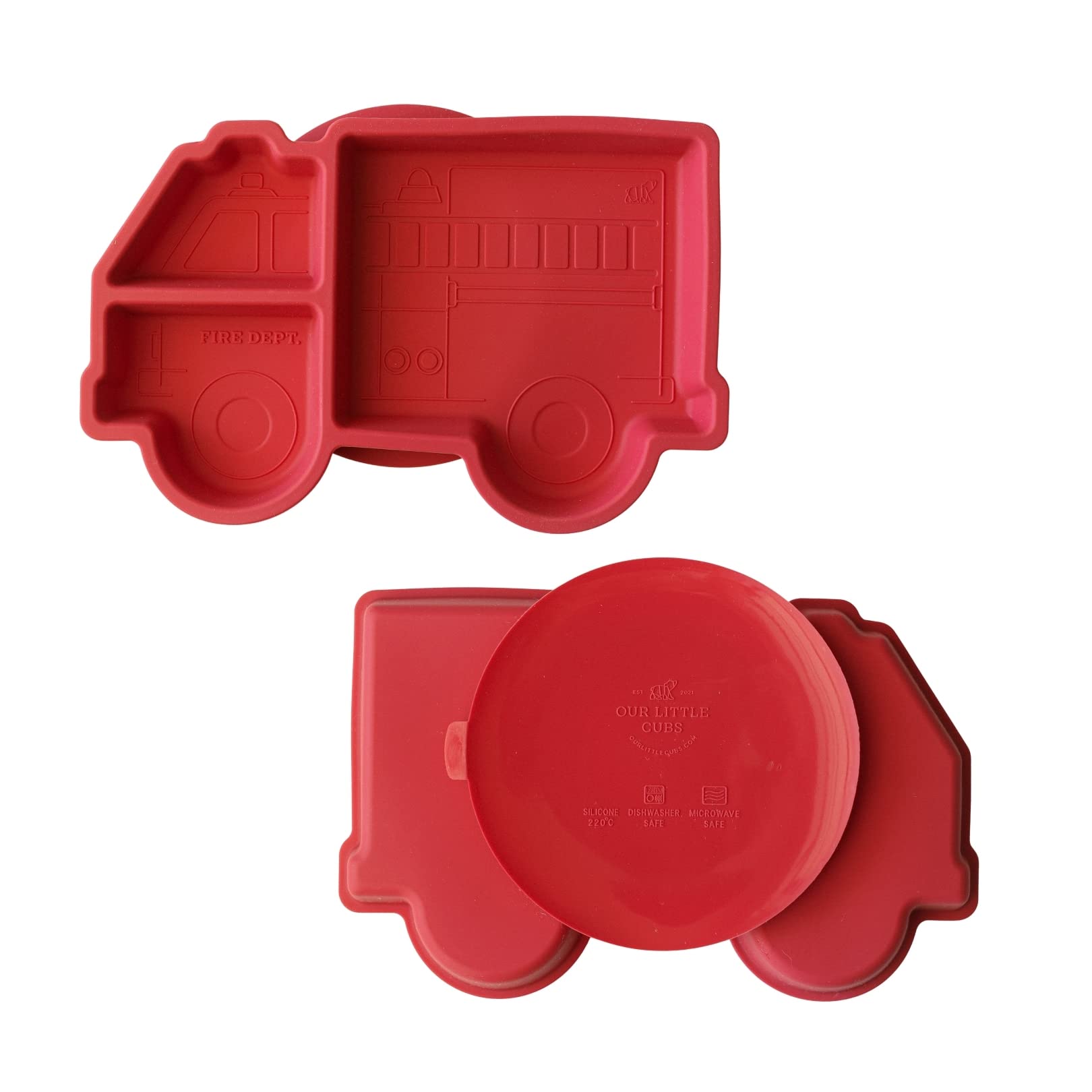 Our Little Cubs Firetruck Toddler Silicone Suction Plates - 3 Divided Sections, Microwave & Dishwasher Safe