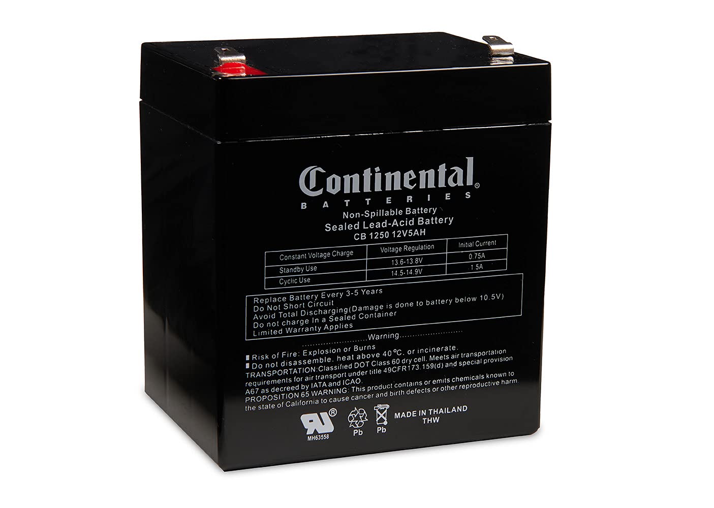 Continental Battery CB 1250 F1 12V 5Ah Sealed Rechargeable AGM Battery T1/F1 Terminals Security Alarm System Garage Doors