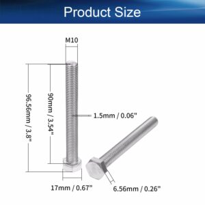 Bettomshin 5Pcs M10 x 90mm Hex Bolts, 304 Stainless Steel 1.5mm Thread Pitch Fully Threaded Metric Hex Head Screw Bolts, Hexagon Screw Bolt, Hex Tap Bolts, Silver (Overall Size 96.56x17x17mm)