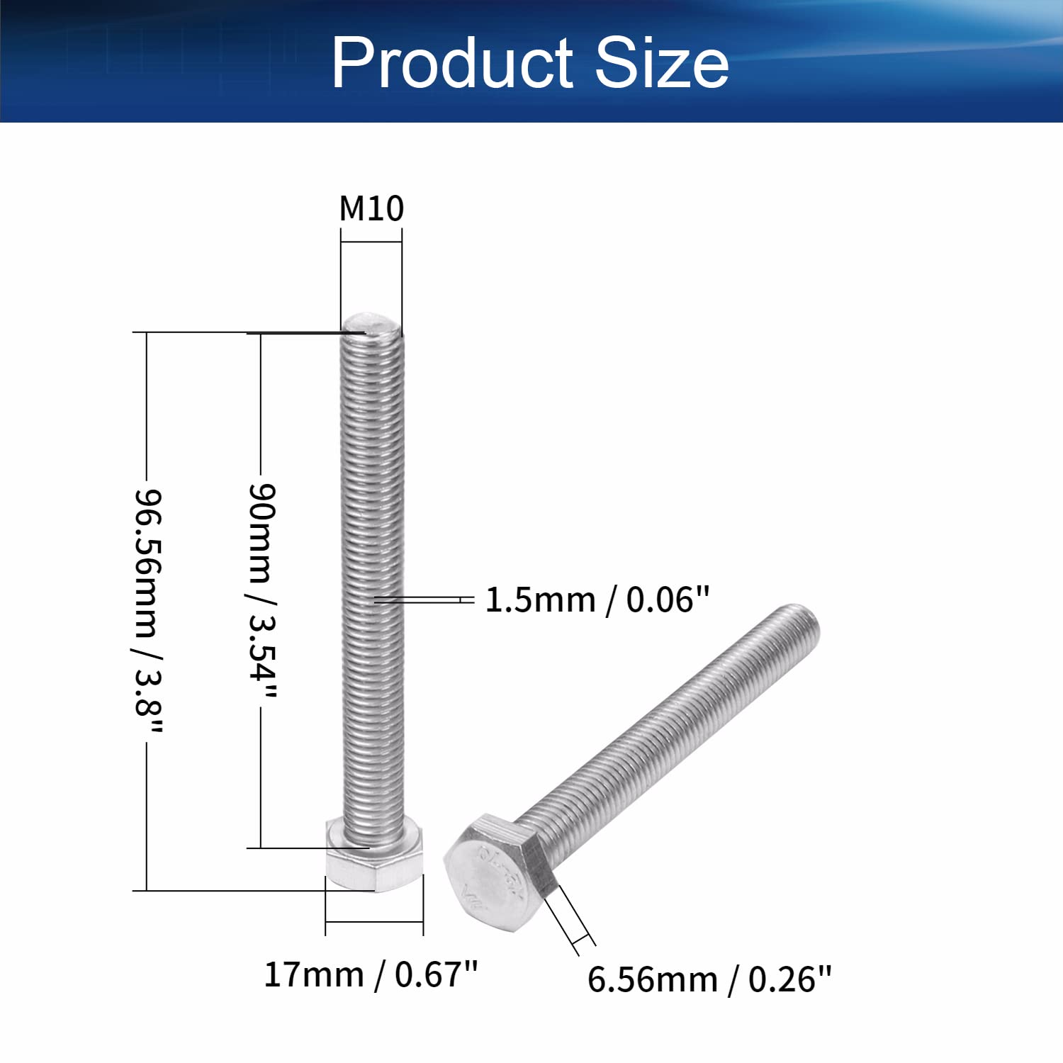 Bettomshin 5Pcs M10 x 90mm Hex Bolts, 304 Stainless Steel 1.5mm Thread Pitch Fully Threaded Metric Hex Head Screw Bolts, Hexagon Screw Bolt, Hex Tap Bolts, Silver (Overall Size 96.56x17x17mm)