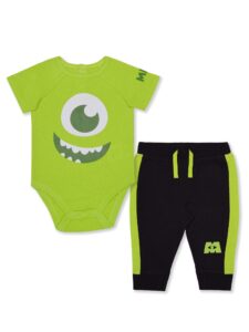 disney monsters inc boys’ mike or sully short sleeve bodysuit and jogger pants set for newborn and infant