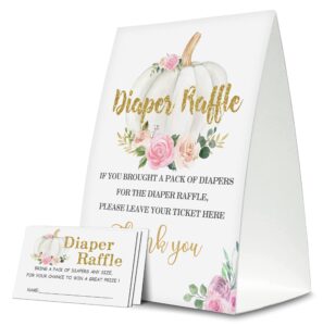 yuansail diaper raffle tickets for baby shower, pumpkin floral themed cards, party favors for baby showers game cards, 1 sign & 50 cards per pack – (011-niaobu)