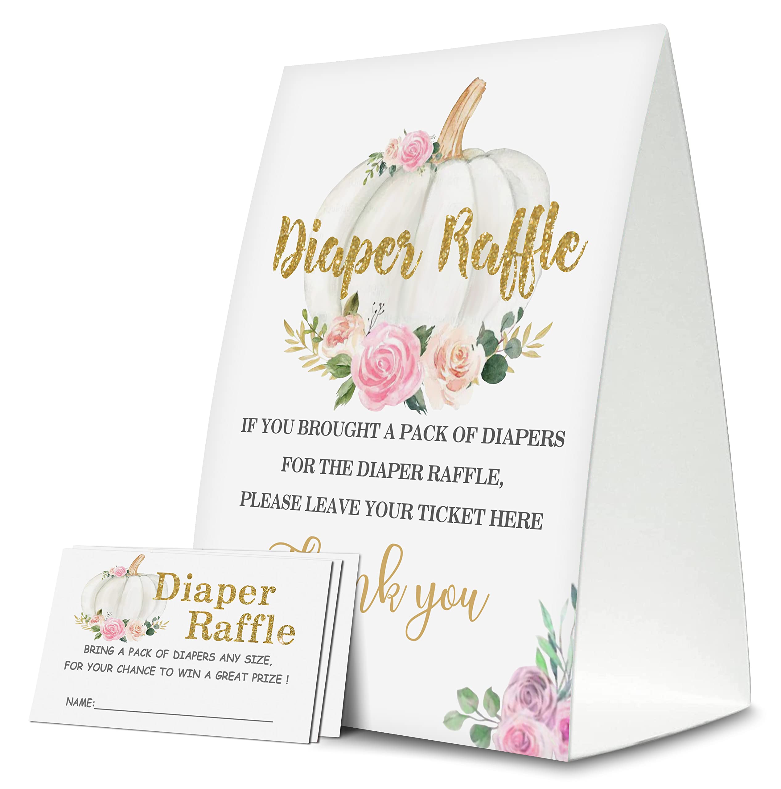 Yuansail Diaper Raffle Tickets For Baby Shower, Pumpkin Floral Themed Cards, Party Favors For Baby Showers Game Cards, 1 Sign & 50 Cards Per Pack – (011-niaobu)