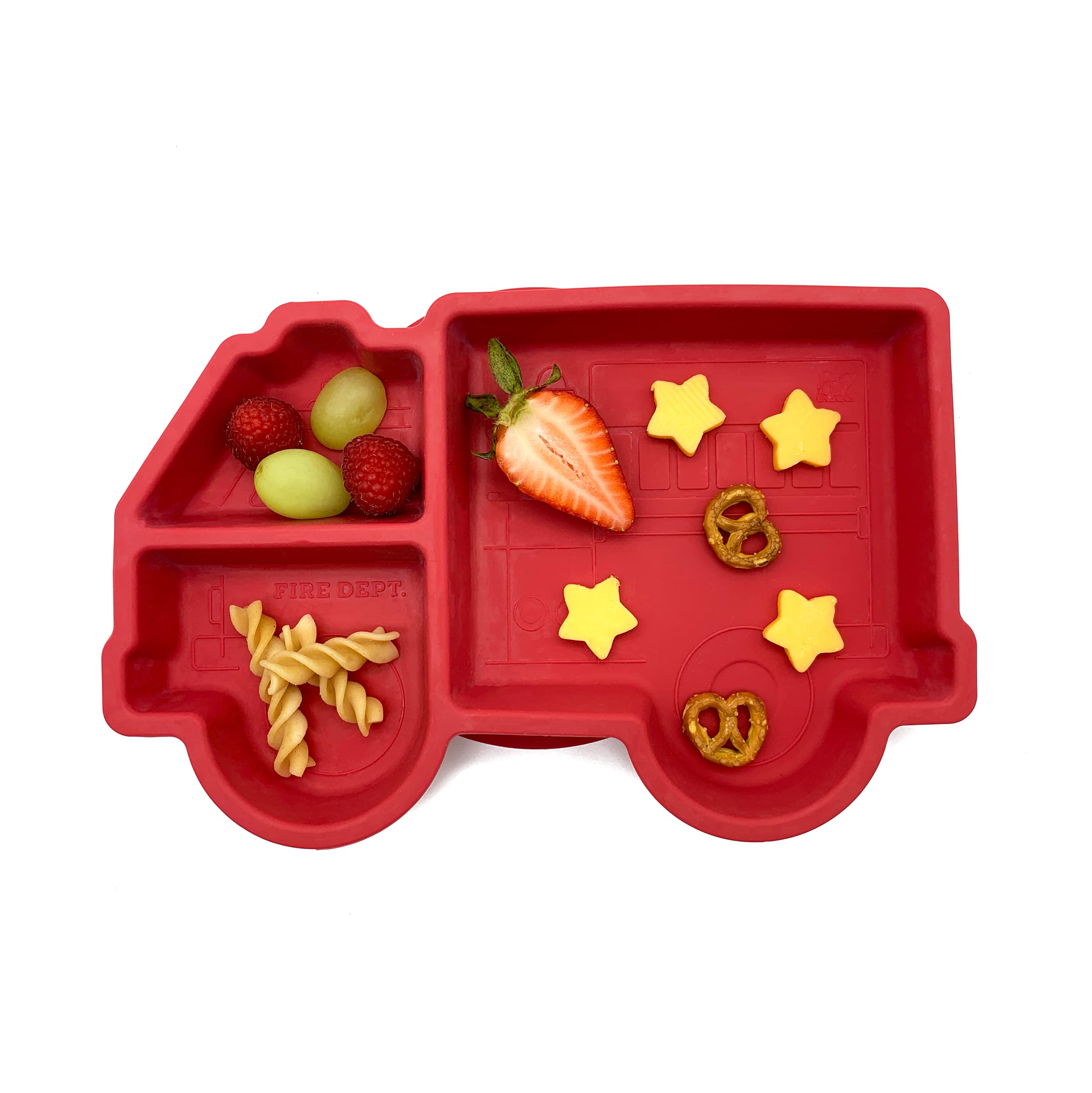 Our Little Cubs Firetruck Toddler Silicone Suction Plates - 3 Divided Sections, Microwave & Dishwasher Safe