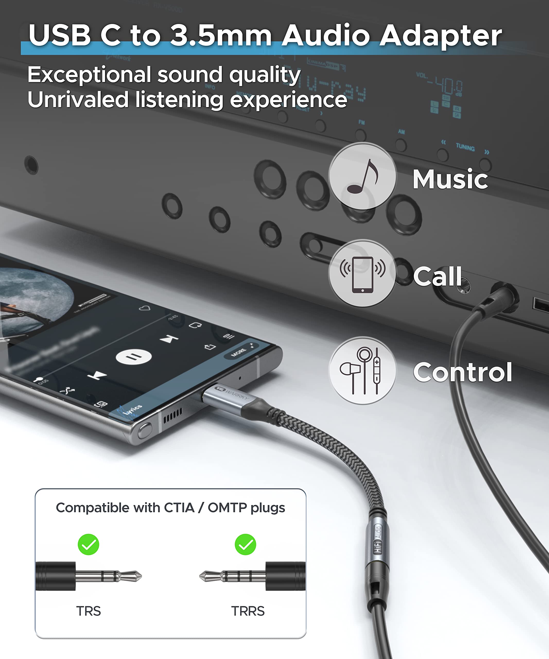 Warrky USB C to 3.5mm Audio Headphone Adapter【Flawless 24bit Hi-Res Sound Quality】 Type-C to Headphone Jack Compatible with Samsung Galaxy S22/S21/S20 Plus, Pixel 6/5/4, iPad Pro, Motorola, OnePlus