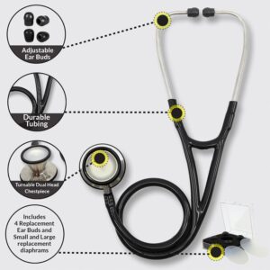 Dixie EMS Deluxe Cardio-Clinical Cardiology Dual Head Stethoscope for Paramedics and Nurses, 4 Ear Tips, Replacement diaphragms - Black