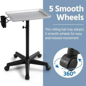 Yaheetech Rolling Salon Tray - Aluminum Trolley Cart Equipment on Wheels & Adjustable Height Mobile Beauty Salon Spa Stools Service Instrument Storage Tray w/Accessory Caddy - Silver