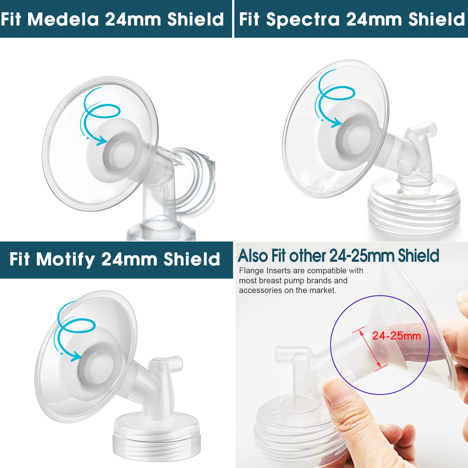 Begical Flange Inserts 17mm for Medela/Spectra/Elvie/Motif Luna/Ameda MYA 24mm Breast Shields/Flange. Use with Medela to Reduce 24mm Nipple Tunnel Down to 17mm; 2pc/Each (17mm)