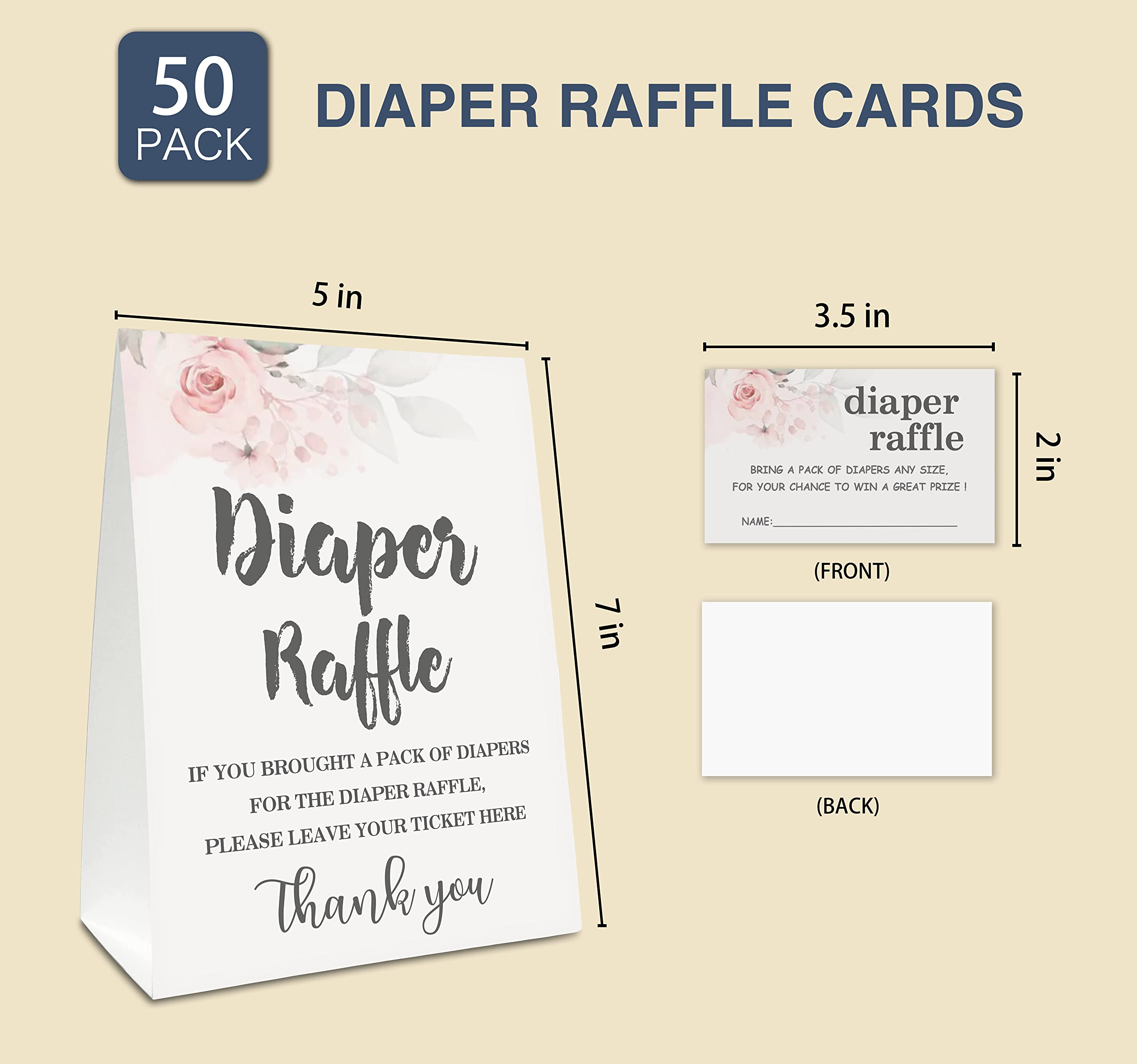 Diaper Raffle Tickets For Baby Shower, Floral Themed Cards, Party Favors For Baby Showers Game Cards,1 Sign & 50 Cards Per Pack – (018-niaobu)