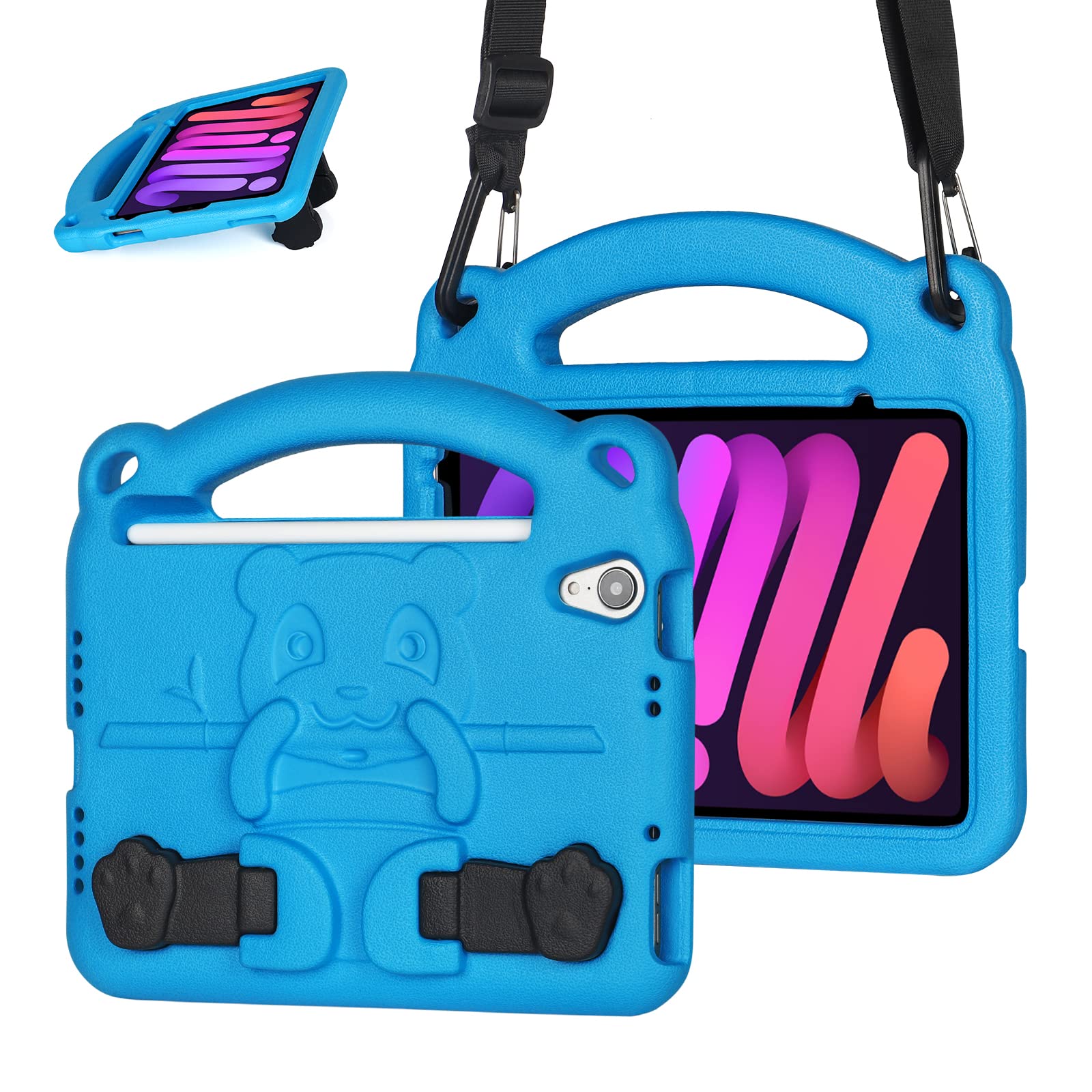 FIREVASE Kids Case for iPad Mini 6th Generation (8.3 Inch 2021), iPad Mini 6 Case for Kids, EVA Shock Proof Light Weight, with Handle Built-in Bracket & Shoulder Strap (Blue)