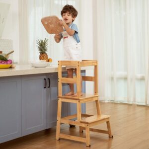 duduease kitchen step stool for kids and toddlers with safety rail children standing tower for kitchen counter, parents' helper kids learning stool, solid wood construction