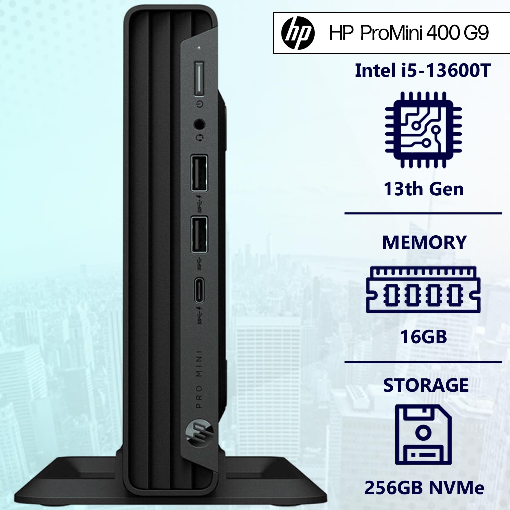 HP Pro Mini 400 G9 Business Desktop Intel 14 Core i5-13600T, (Beats Intel i7-12700T), 16GB RAM, 256GB NVMe, WiFi 6 + BT, RJ-45, 2X DP Port, HDMI, Wired Keyboard & Mouse, Win 11 Pro