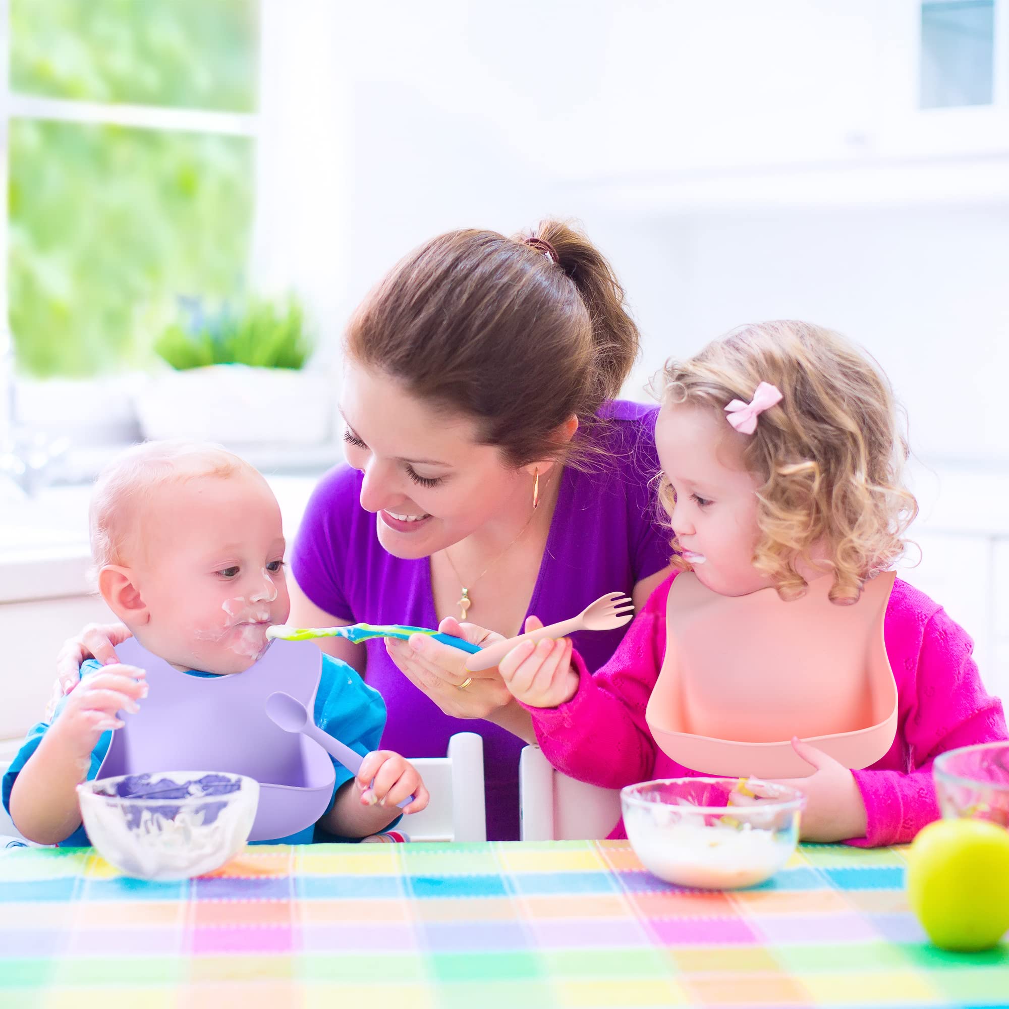 Cibeat Set of 2 Silicone Baby Bibs for Babies & Toddlers, Soft Bibs with Food Catcher Pocket and Spoon Fork