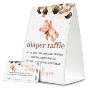 diaper raffle tickets for baby shower, little bear balloon themed cards,party favors for baby showers game cards, 1 sign & 50 cards per pack – (012-niaobu)