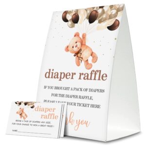 Diaper Raffle Tickets For Baby Shower, Little Bear balloon Themed Cards,Party Favors For Baby Showers Game Cards, 1 Sign & 50 Cards Per Pack – (012-niaobu)