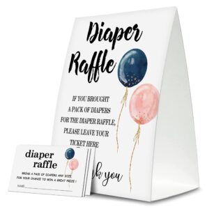 diaper raffle tickets for baby shower, balloon themed cards, party favors for baby showers game cards, 1 sign & 50 cards per pack – (014-niaobu)