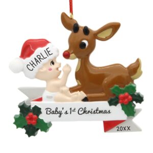 personalized baby's 1st christmas snowman ornament (baby and reindeer)