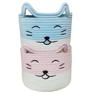 small woven cotton rope storage basket,2 pack cute cat cotton rope baskets with handle,baby nursery organizer for toy storage bin | pet gift basket for cat,dog,10 x 10 x 7 inch