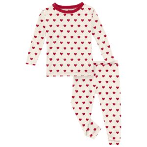 kickee full of hearts two piece pajamas set, long sleeve, long pants, snug fit pajamas (natural hearts - 12 years)