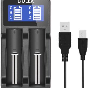 DULEX 3.7V Lithium ion Rechargeable Batteries Charger for LED Flashlights, Toys, Doorbells, Handheld Mini Fan, Headlamps and Other Household Devices.