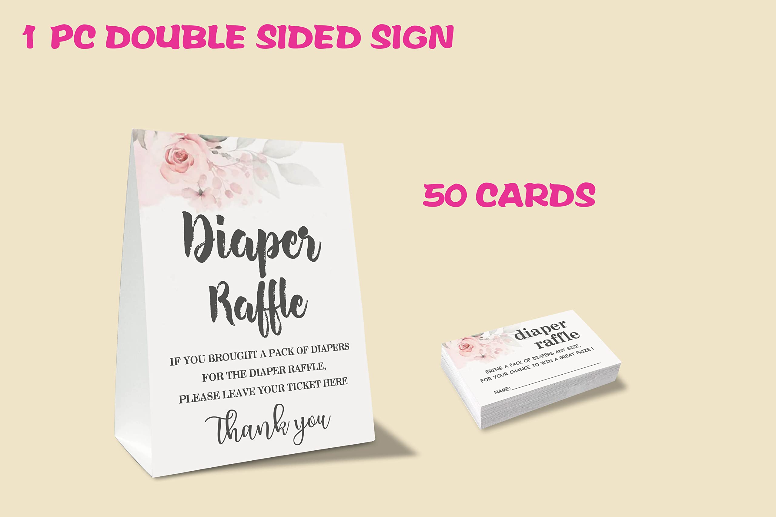 Diaper Raffle Tickets For Baby Shower, Floral Themed Cards, Party Favors For Baby Showers Game Cards,1 Sign & 50 Cards Per Pack – (018-niaobu)