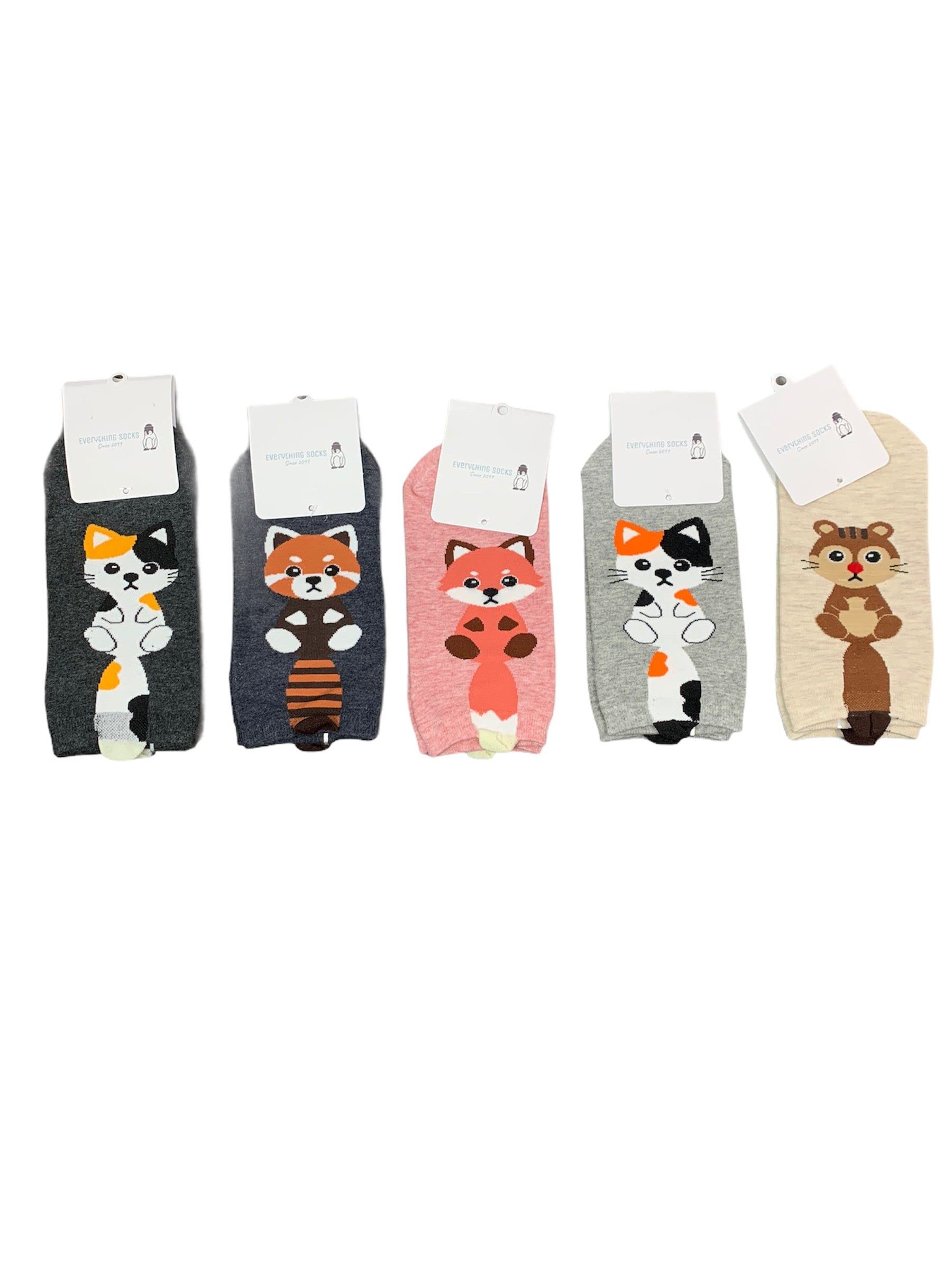 Everything Socks Animal Socks for Women men girls teens and kids- 5 Pack Includes Calico Cat, Fox, Red Panda, and Chipmunk Design- Fun ankle socks for Children & Adults