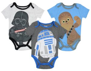 star wars infant baby boys darth vader chewbacca r2-d2 one piece pajama romper 3 pack (0-3m)