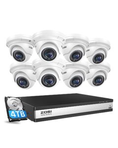 zosi 16ch 4k poe security camera system, h.265+ 16 channel 8mp nvr with 4tb hdd, 8pcs wired 5mp outdoor indoor poe ip dome cameras, night vision, motion alert, remote access, for 24/7 recording