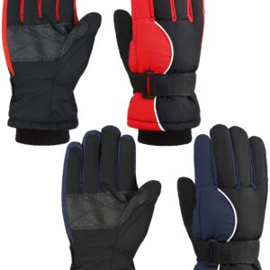 2 Pairs Kids Winter Ski Gloves, Waterproof Windproof Warm Gloves Cold Winter Gloves Unisex Warm Gloves for Boy Girl Skiing (Black, Red,4-6 Years)