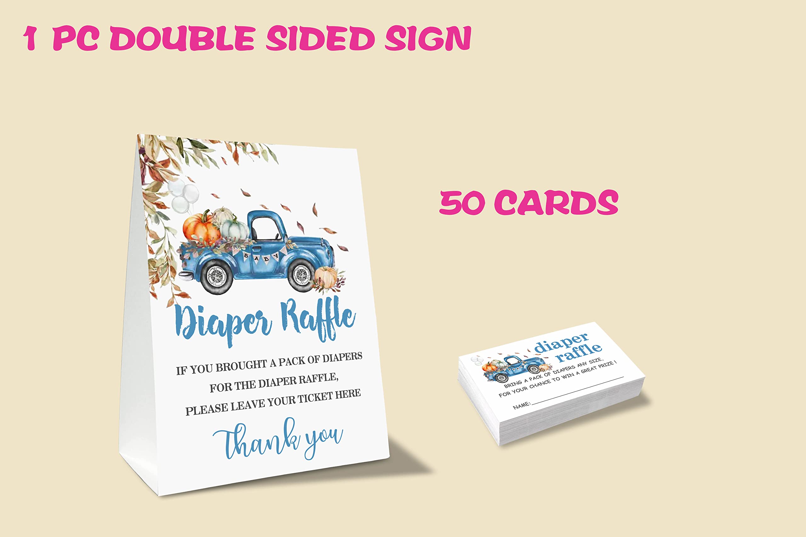 Yuansail Diaper Raffle Tickets For Baby Shower, Pumpkin Cart Themed Cards, Party Favors For Baby Showers Game Cards,1 Sign & 50 Cards Per Pack – (017-niaobu)