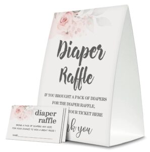 diaper raffle tickets for baby shower, floral themed cards, party favors for baby showers game cards,1 sign & 50 cards per pack – (018-niaobu)