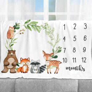 Yuzioey Baby Monthly Milestone Blanket Woodland, Forest Animals Baby Photo Blanket, Gift for New Moms Baby Shower, Watch Me Grow Baby Boy Greenery Woodland Nursery Décor, Includes Marker (50"x40")