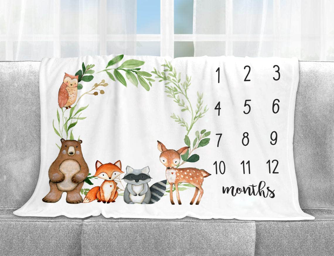 Yuzioey Baby Monthly Milestone Blanket Woodland, Forest Animals Baby Photo Blanket, Gift for New Moms Baby Shower, Watch Me Grow Baby Boy Greenery Woodland Nursery Décor, Includes Marker (50"x40")