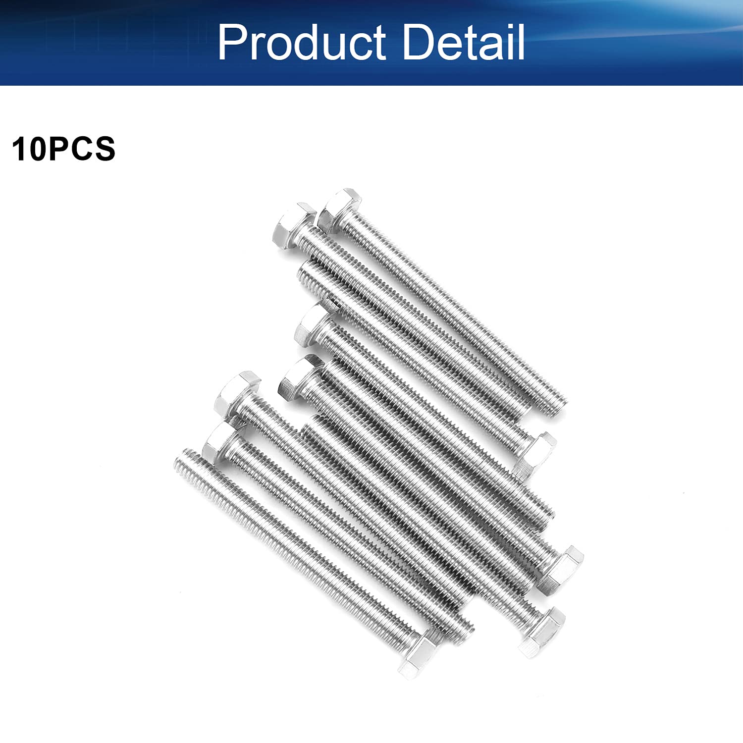 Bettomshin 10Pcs M8 x 80mm Hex Bolts, 304 Stainless Steel 1.25mm Thread Pitch Fully Threaded Metric Hex Head Screw Bolts, Hexagon Screw Bolt, Hex Tap Bolts, Silver (Overall Size 85.45x13x13mm)