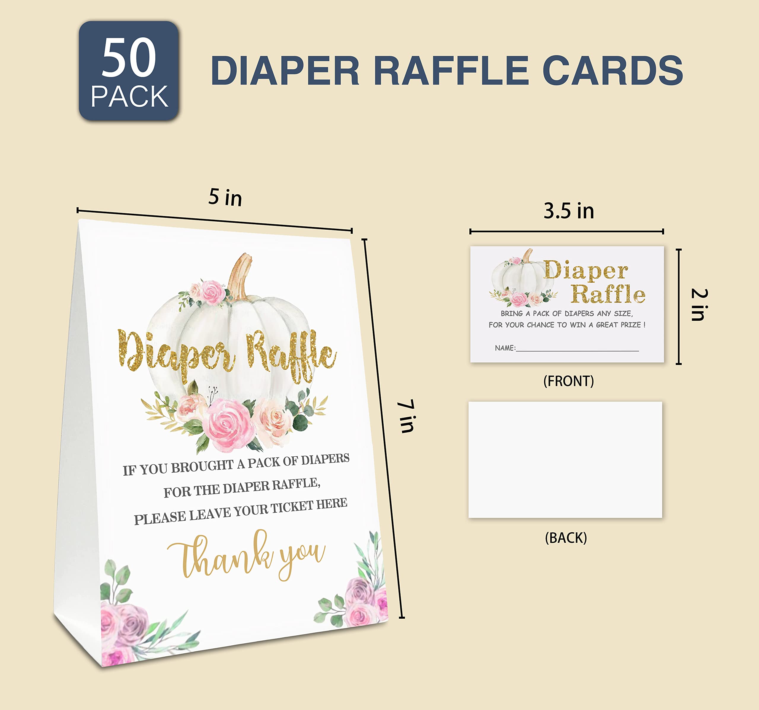 Yuansail Diaper Raffle Tickets For Baby Shower, Pumpkin Floral Themed Cards, Party Favors For Baby Showers Game Cards, 1 Sign & 50 Cards Per Pack – (011-niaobu)