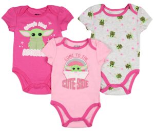 happy threads star wars infant baby girls come to the cute side grogu baby yoda one piece pajama romper 3 pack (0-3 months) pink