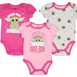 Happy Threads Star Wars Infant Baby Girls Come to The Cute Side Grogu Baby Yoda One Piece Pajama Romper 3 Pack (0-3 Months) Pink