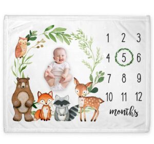 yuzioey baby monthly milestone blanket woodland, forest animals baby photo blanket, gift for new moms baby shower, watch me grow baby boy greenery woodland nursery décor, includes marker (50"x40")