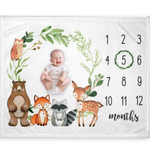 Yuzioey Baby Monthly Milestone Blanket Woodland, Forest Animals Baby Photo Blanket, Gift for New Moms Baby Shower, Watch Me Grow Baby Boy Greenery Woodland Nursery Décor, Includes Marker (50"x40")