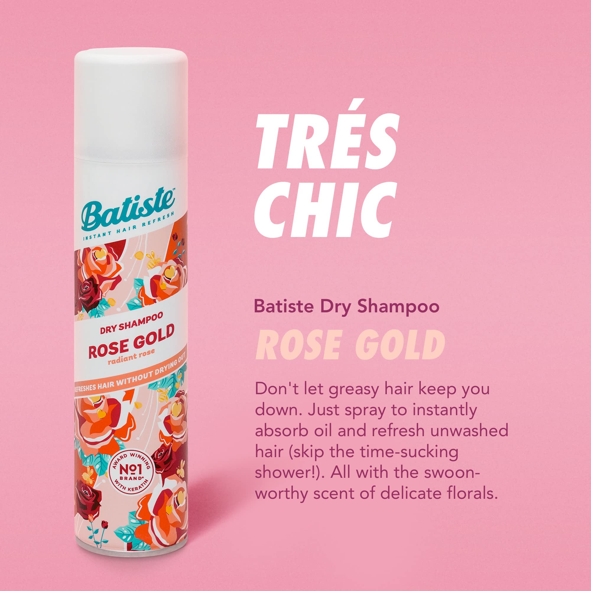 Batiste Dry Shampoo, Rose Gold, Refresh Hair And Absorb Oil Between Washes, Waterless Shampoo For Added Hair Texture And Body, 6.35 OZ Dry Shampoo Bottle