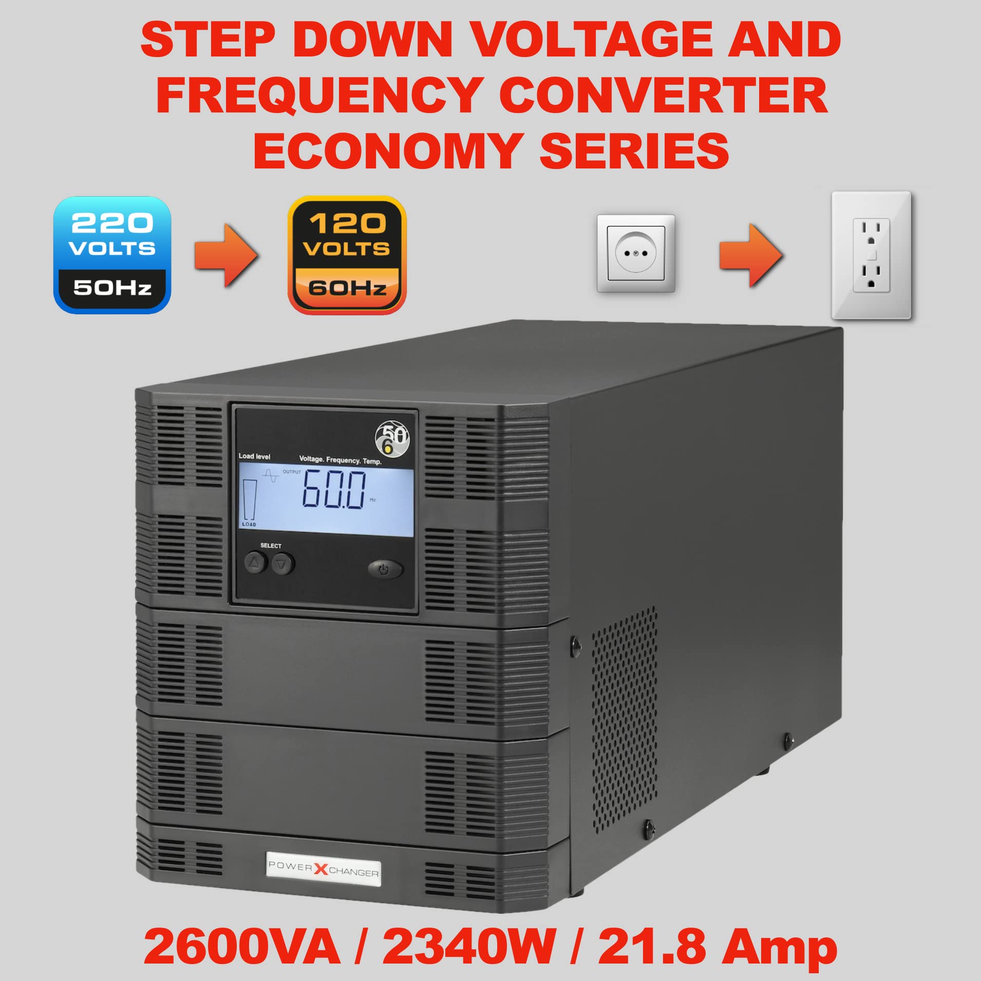 Voltage & Frequency Converter & Transformer - Step-Down 220V 50Hz to 120V 60Hz - Continuous Power, Smart Protection Features, Pure Sine Wave Output – PowerXchanger