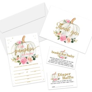 Pumpkin Floral Baby Shower Invitation Set, Books For Baby, Thank You, Diaper Raffle, Fill In Invites Cards,Each Design 25 Cards & Envelopes (Total 100 Cards) – (b011-taozhuang)