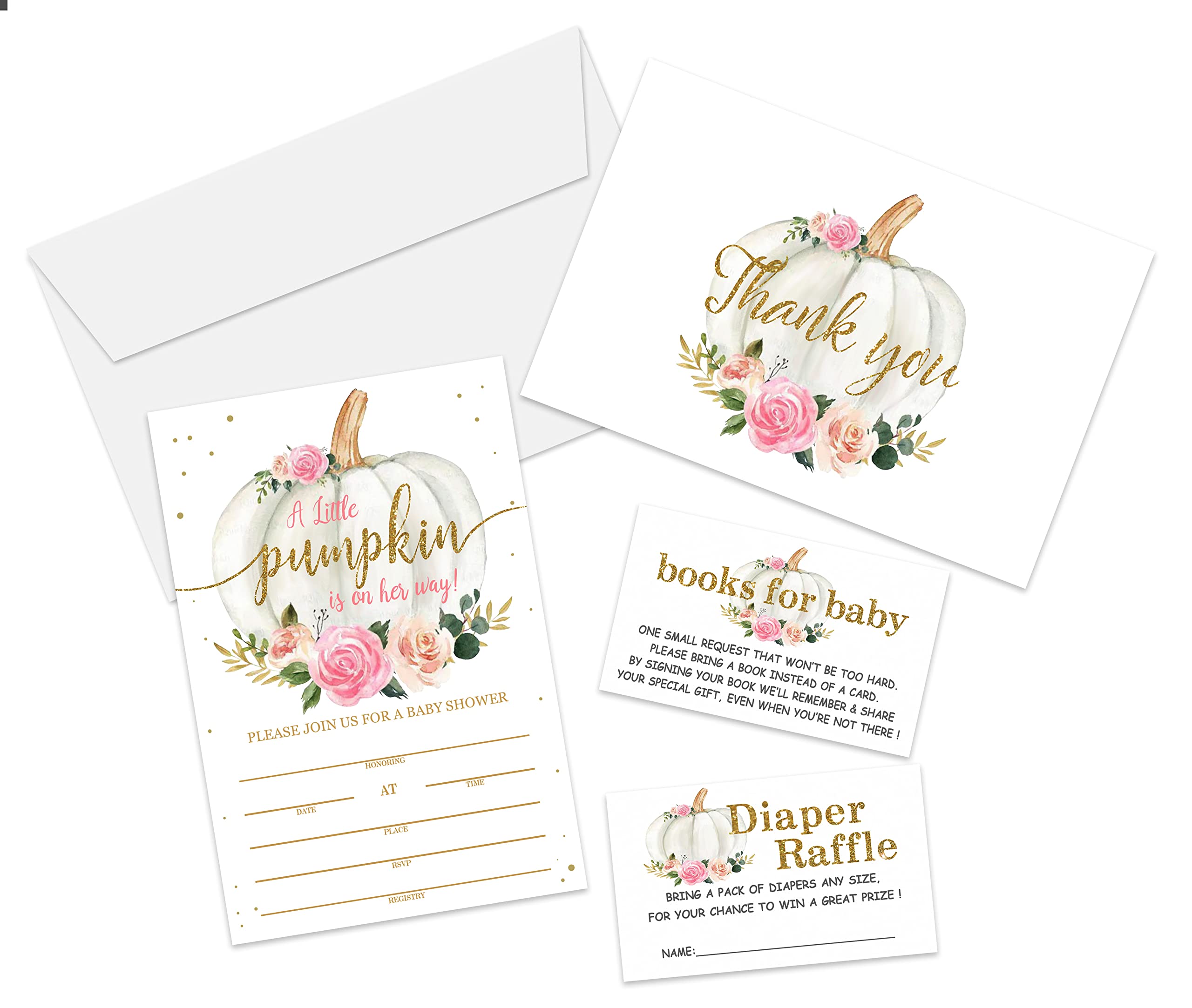 Pumpkin Floral Baby Shower Invitation Set, Books For Baby, Thank You, Diaper Raffle, Fill In Invites Cards,Each Design 25 Cards & Envelopes (Total 100 Cards) – (b011-taozhuang)