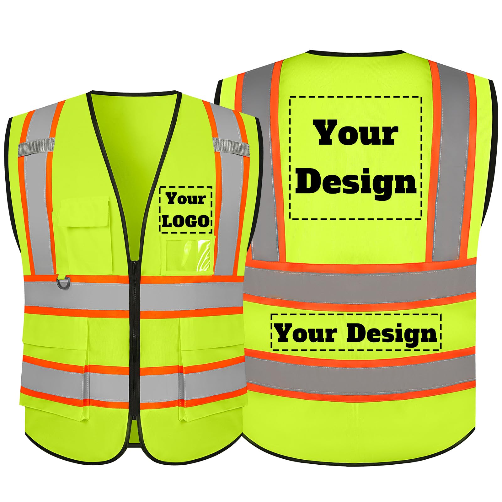 evershare High Visibility Security Vest Custom Logo with Reflective Strips, Class 2 Safety Vests with Zipper, Unisex Adult Construction Protective vest Personalization(Yellow,XXL,1 pack)